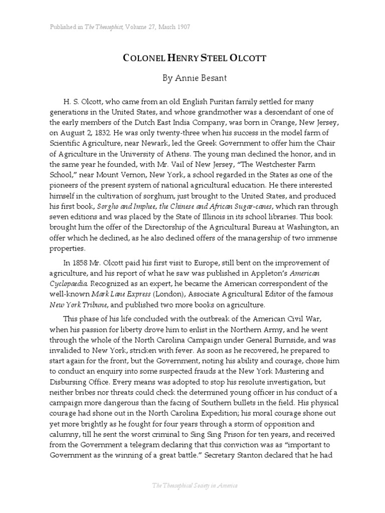 Colonel Henry Olcott | PDF | Helena Blavatsky | Theosophy