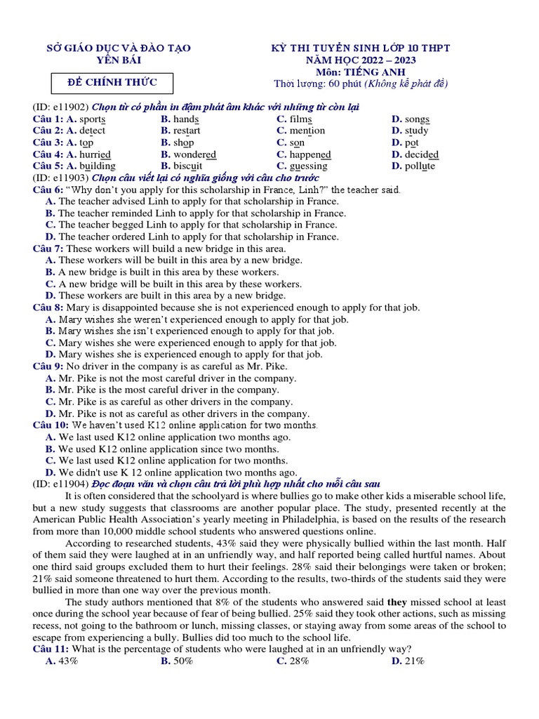 Đề thi vào 10 môn Anh Sở GDĐT Yên Bái năm học 2022 2023 | PDF | Vietnam