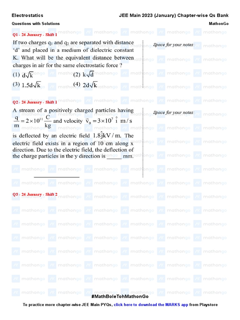 Electrostatics - JEE Main 2023 January Chapter Wise Questions by MathonGo | PDF