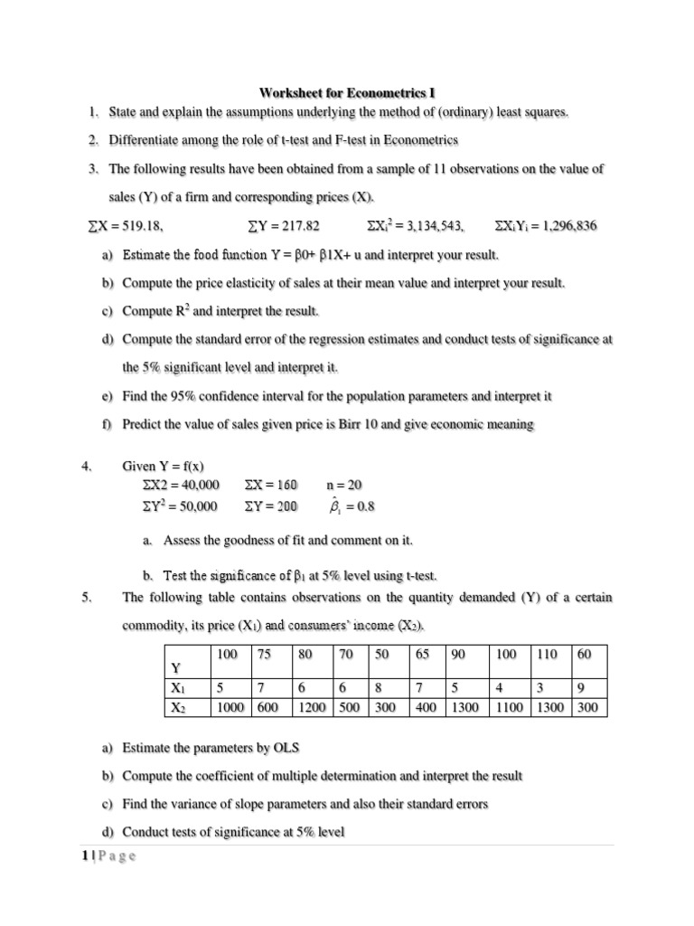 Worksheet Econometrics I Pdf Errors And Residuals Regression Analysis
