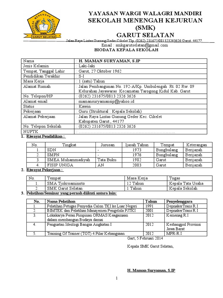 Contoh Biodata Kepala Sekolah | PDF
