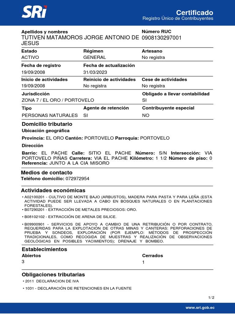 Certificado RUC | PDF