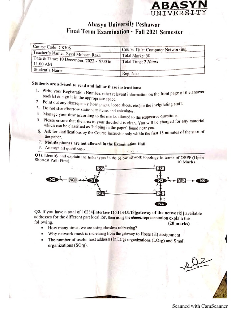 CS306 Computer Network Abasyn University Final Old Paper Fall 2021 | PDF