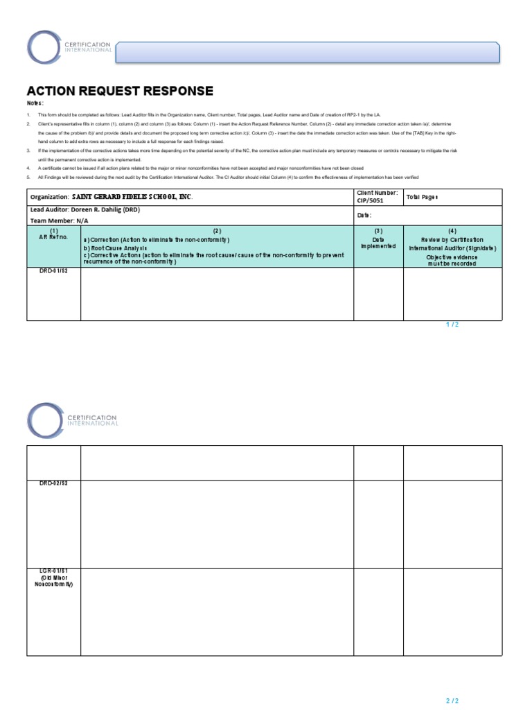 RP2-1 Action Request Response - QMS | PDF | Business | Information ...