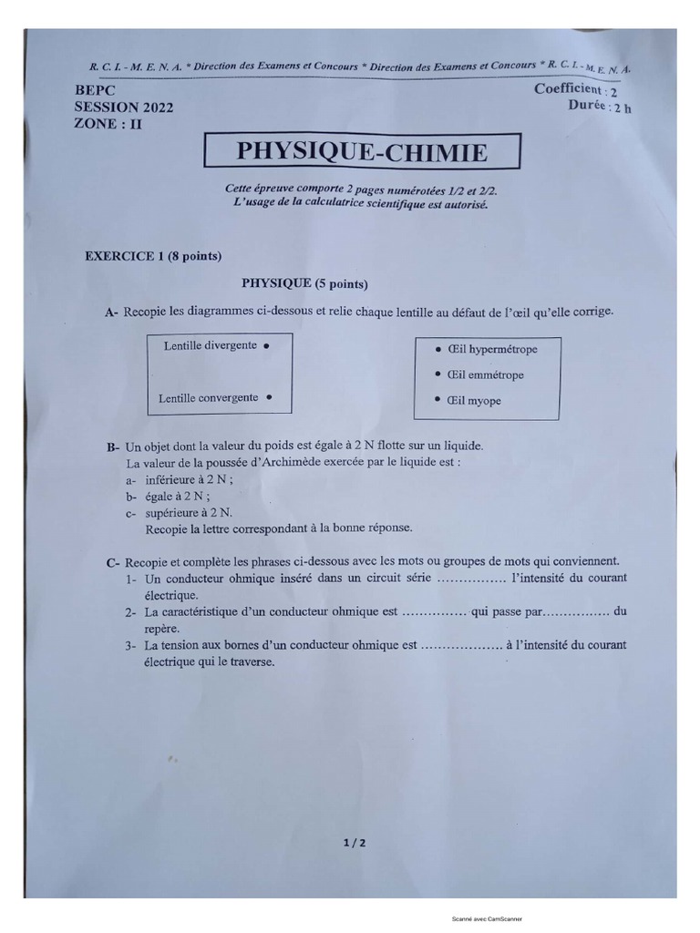 Epreuve Bepc 2022 Physique Chimie Zone-2 Cote D'ivoire | PDF