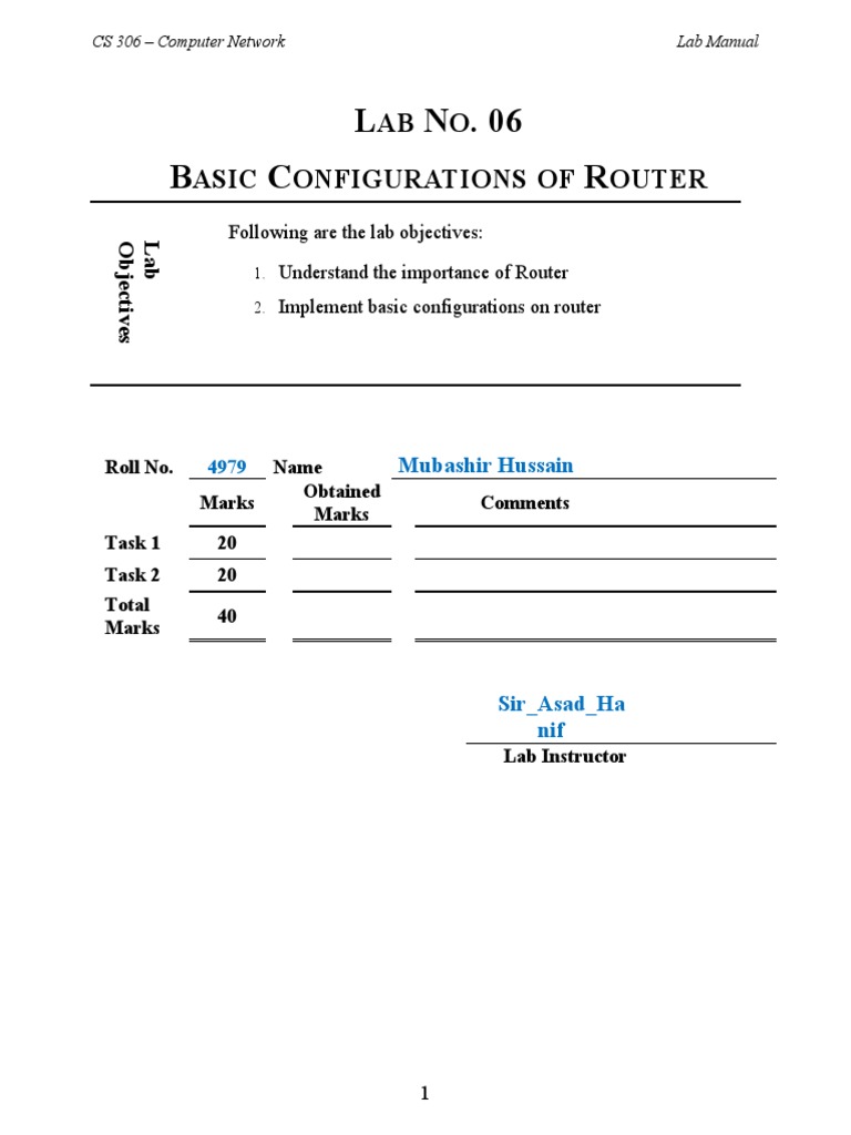 CN-Lab-6-Basic-Router-Configuration Mubashir Hussain 4979 | PDF ...