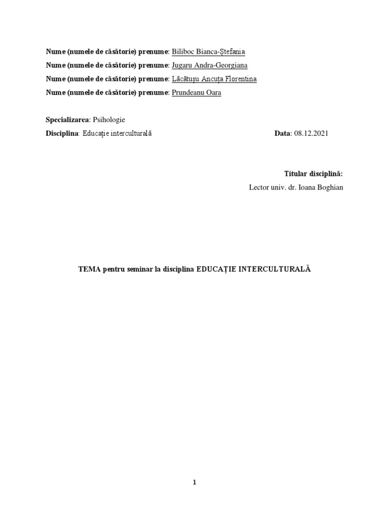 Proiect Final - Educație Interculturală | PDF