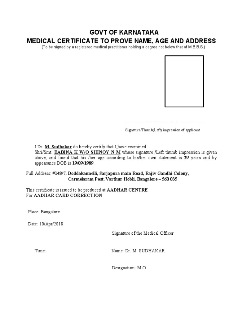 Medical Age Certificate for Aadhar | PDF | Law
