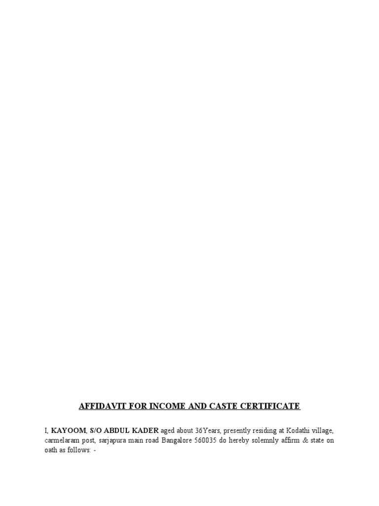 Affidavit For Income and Caste Certificate For Son | PDF