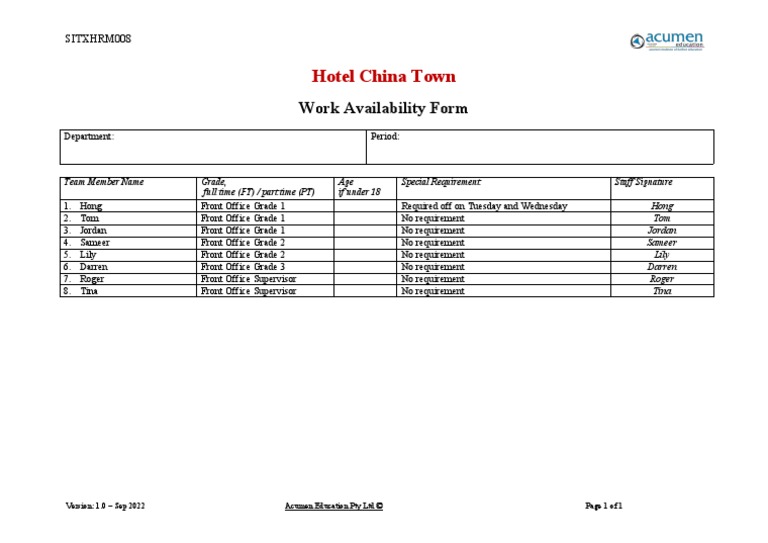 Work Availability Form Template | PDF