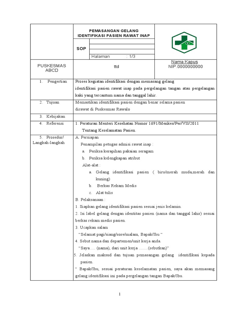 5211 SOP Pemasangan Gelang Identitas Pasien | PDF | Pengembangan Diri | Sains & Matematika