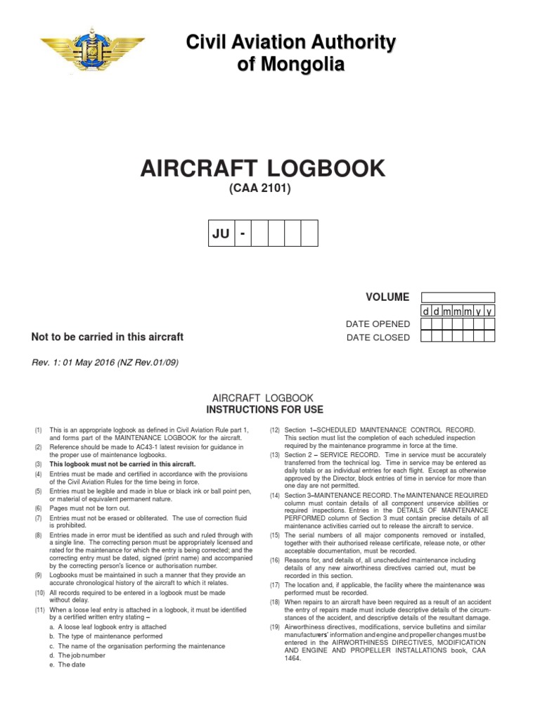 CAA 2101 Aircraft Logbook | PDF | Aircraft | Aeronautics