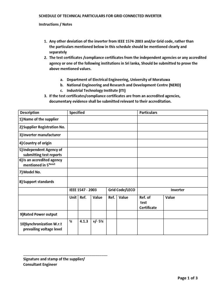SCHEDULE OF TECHNICAL PARTICULARS FOR GRID CONNECTED INVERTER | PDF ...