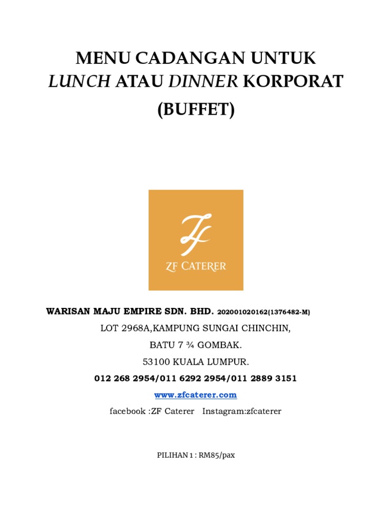 Menu Cadangan Untuk Lunch Atau Dinner Korporat | PDF