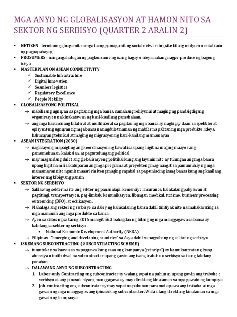 Mga Anyo Ng Globalisasyon at Hamon Nito Sa Sektor Ng Serbisyo Quarter 2 ...