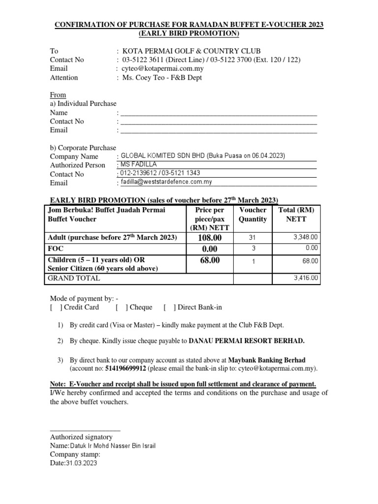 Ramadan Buffet Voucher Confirmation 2023 | PDF