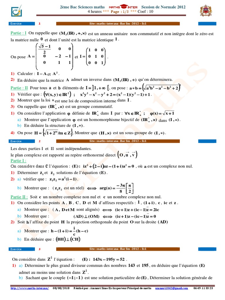 Bac 2012 : Exercices Maths 2ème Bac | PDF | Nombre complexe | Entier ...