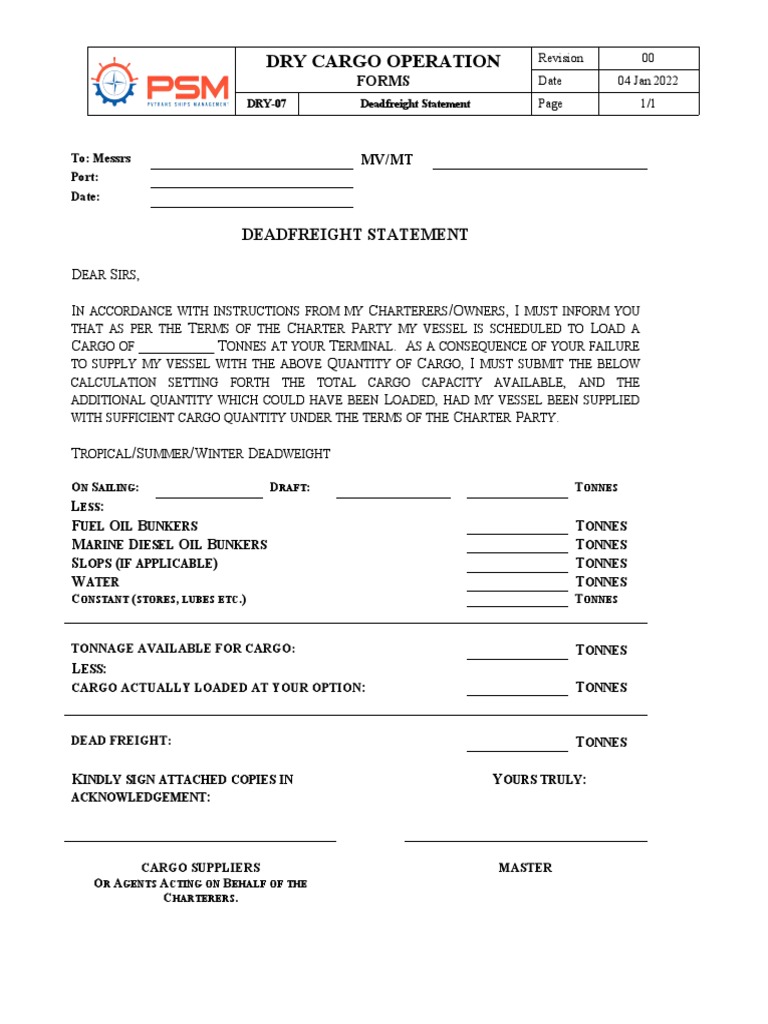 DRY-07 Dead Freight Statement | PDF