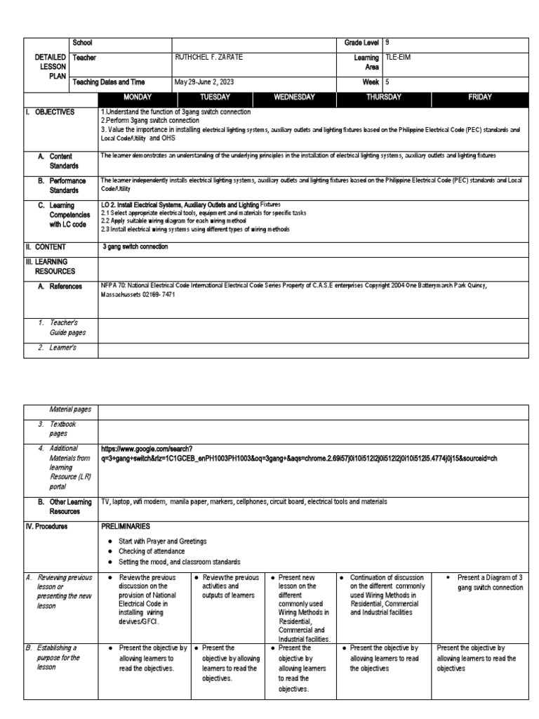 DETAILED LESSON PLAN Week 5 q4 | PDF | Electrical Wiring | Teachers