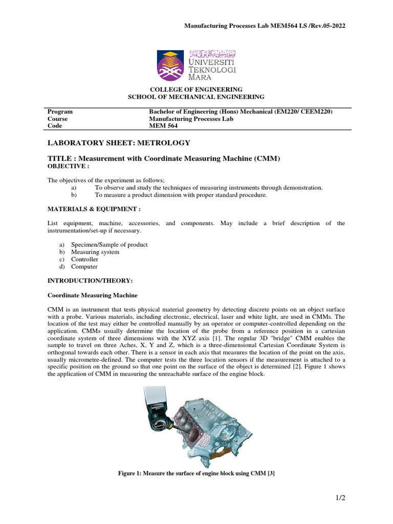 METROLOGY Lab Sheet - CMM | PDF | Engineering | Applied And ...