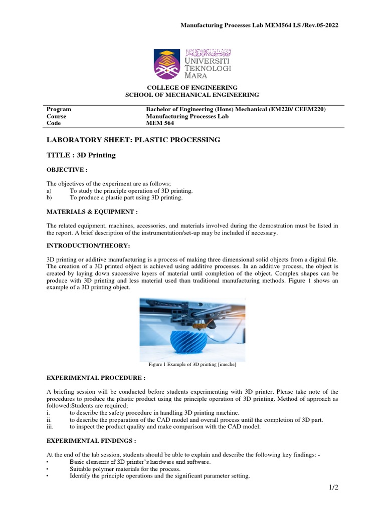 3D Printing in Manufacturing Lab MEM564 | PDF | 3 D Printing | 3 D ...
