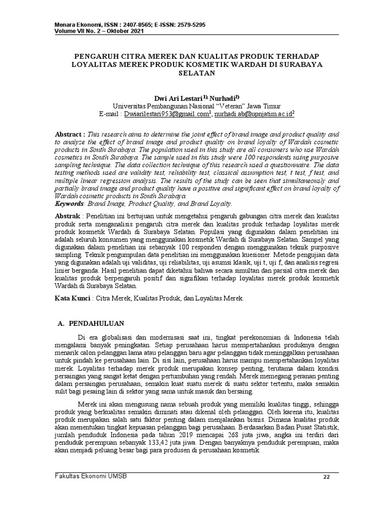 Pengaruh Citra Merek Dan Kualitas Produk Terhadap Loyalitas Konsumen Kosmetik Wardah (Nasional 2 ...