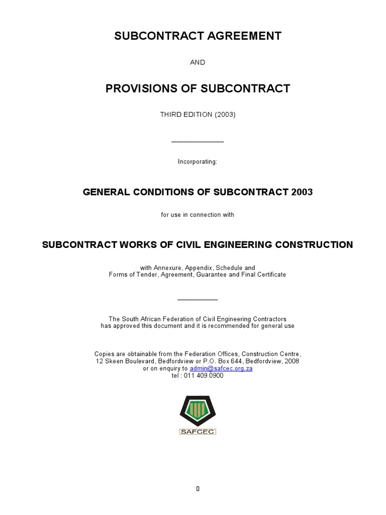 SAFCEC Subcontract 2003 Rev 1 | PDF | Subcontractor | Indemnity