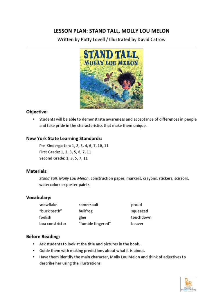 LESSON PLAN Stand Tall Molly Lou Melon | PDF | Psychological Concepts ...