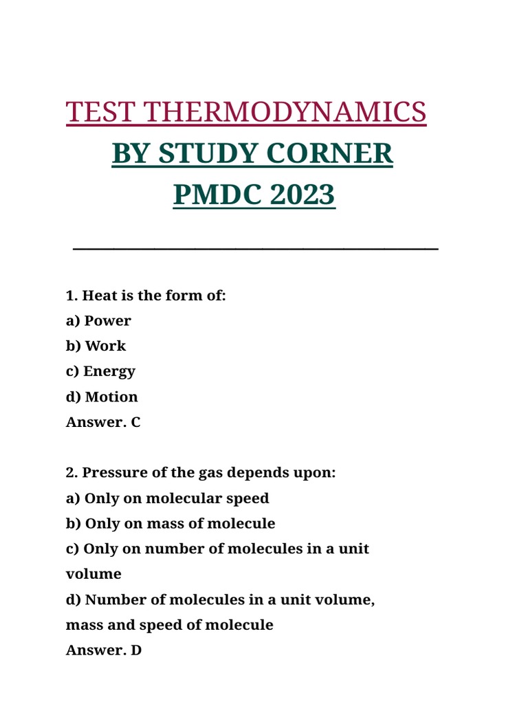 Thermodynamics MCQs with Answers | PDF | Gases | Heat