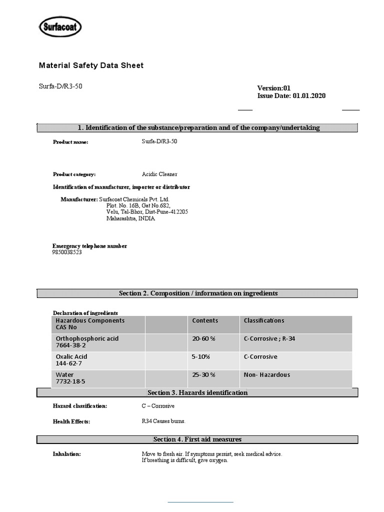 MSDS Surfa-DR3-50 11.4.23 | PDF | Sewage Treatment | Firefighting