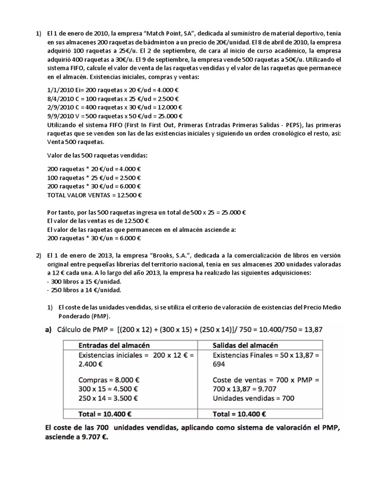Ejercicios Stock Fifo PMP Pedidos Resueltos | PDF