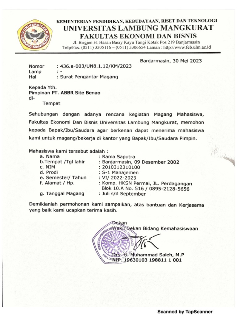 Surat Permohonan Magang Rama Saputra Universitas Lambung Mangkurat | PDF