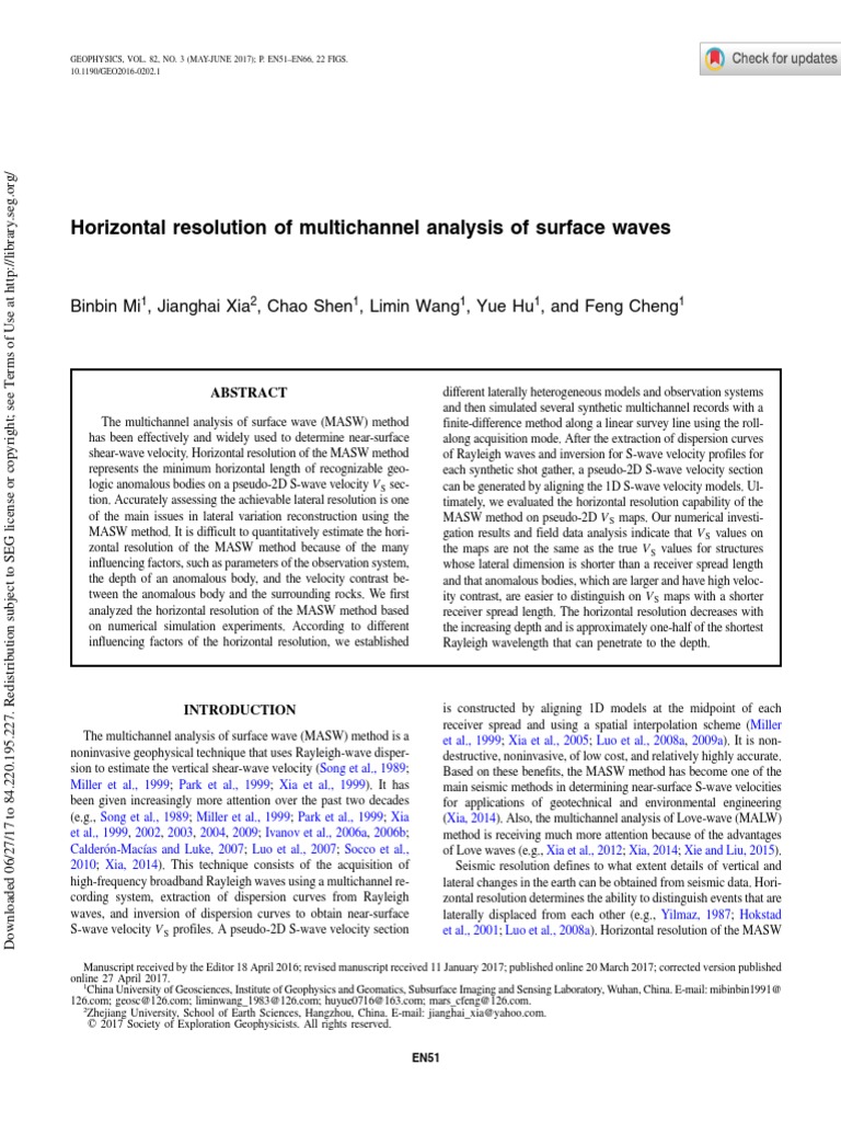 Horizontal Resolution of Multichannel Analysis of Surface Waves Geo2016 ...