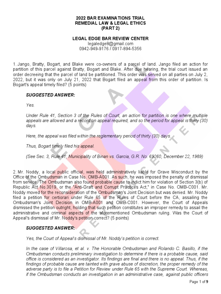 Answer Key - 2022 Bet - (Part 2) Remedial Law & Legal Ethics | PDF ...