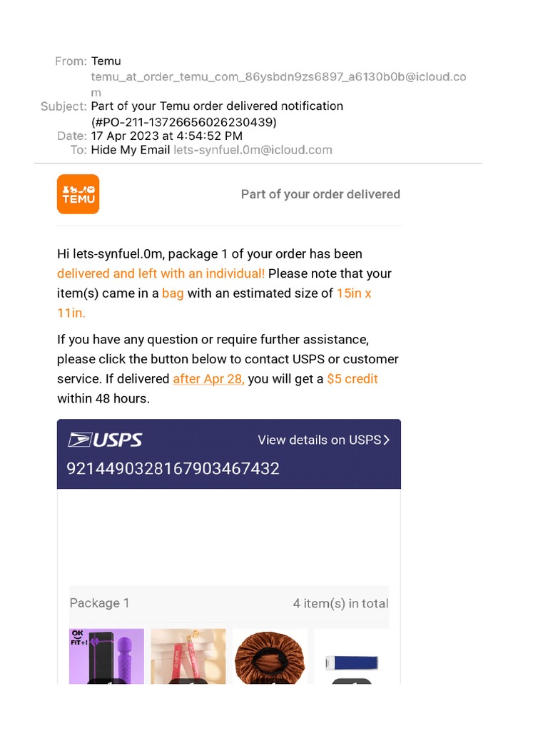 Part of Your Temu Order Delivered Notification (#PO-211 ...