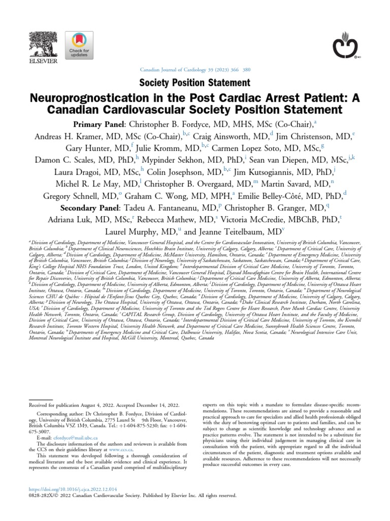 Neuroprognostication in The Post Cardiac Arrest Patient: A Canadian ...
