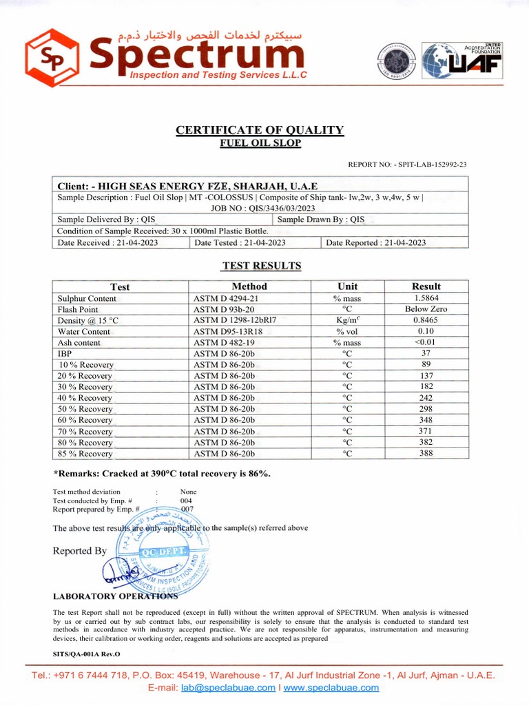 Certificate of Quality: Fuel Oil Slop | PDF | Physical Sciences | Materials