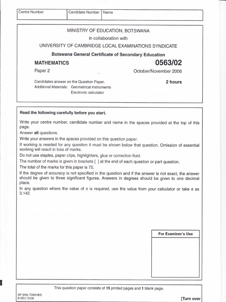 Bgcse Maths Pp2 2006 | PDF | Elementary Mathematics | Elementary Geometry