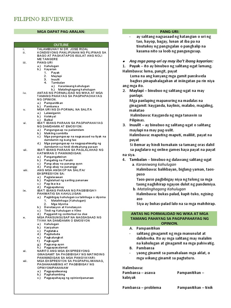 Reviewer Filipino | PDF