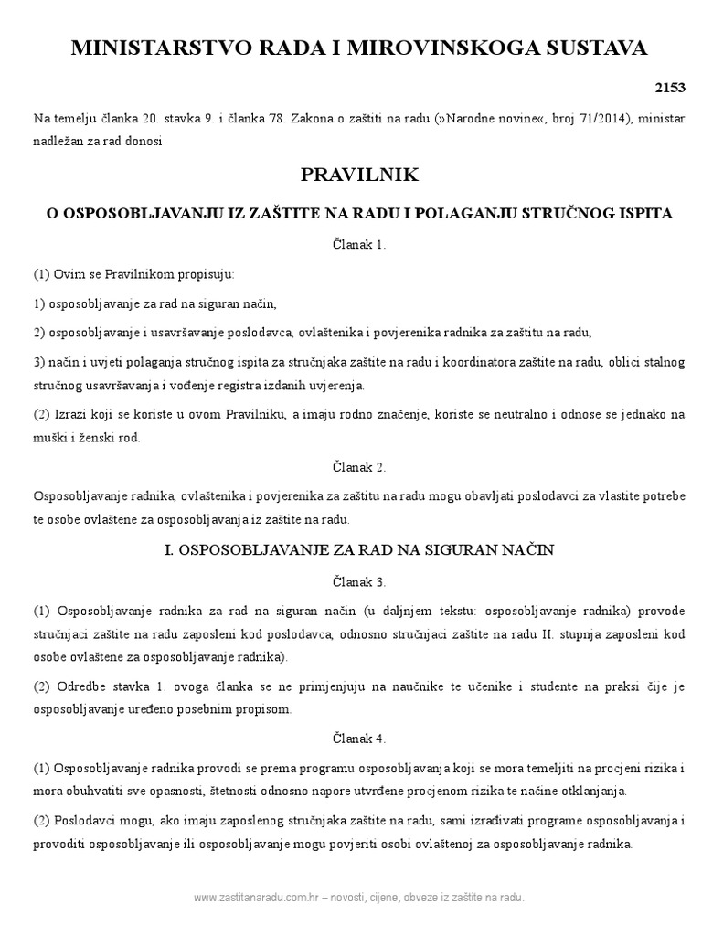 Pravilnik o Osposobljavanju Iz Zastite Na Radu I Polaganju Strucnog Ispita | PDF