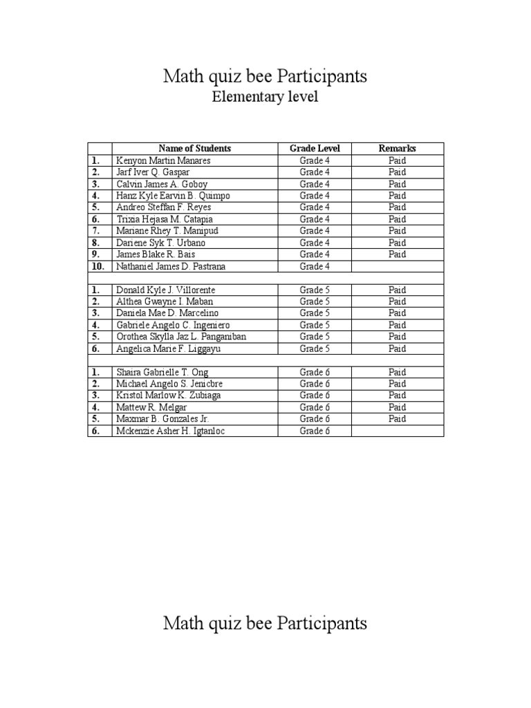 Math Quiz Bee Participants | PDF