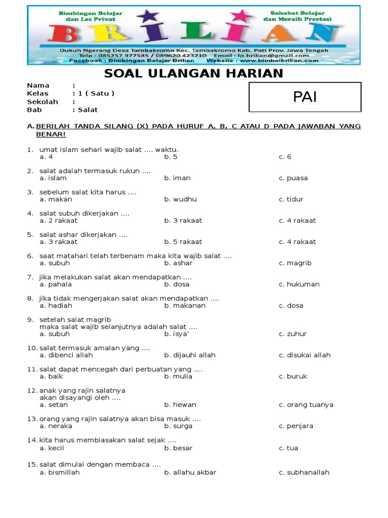 Soal PAI Kelas 1 SD Bab Solat Dan Kunci Jawaban | PDF