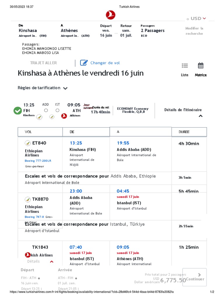 Billet d'avion Turkish Airlines Turquie | PDF | Transport | Avion de ligne