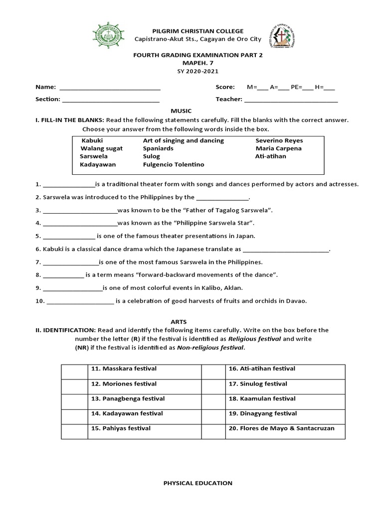 4th-Grading-Exam G7 | PDF | Dances