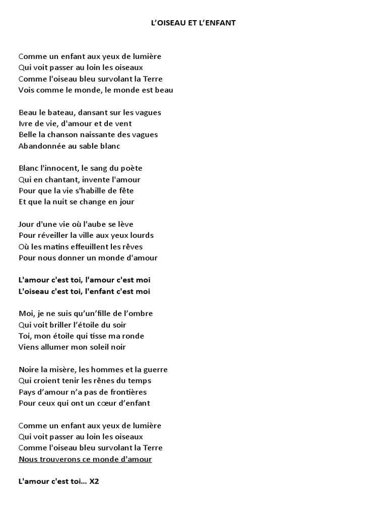 L oiseau Et L enfant Paroles PDF