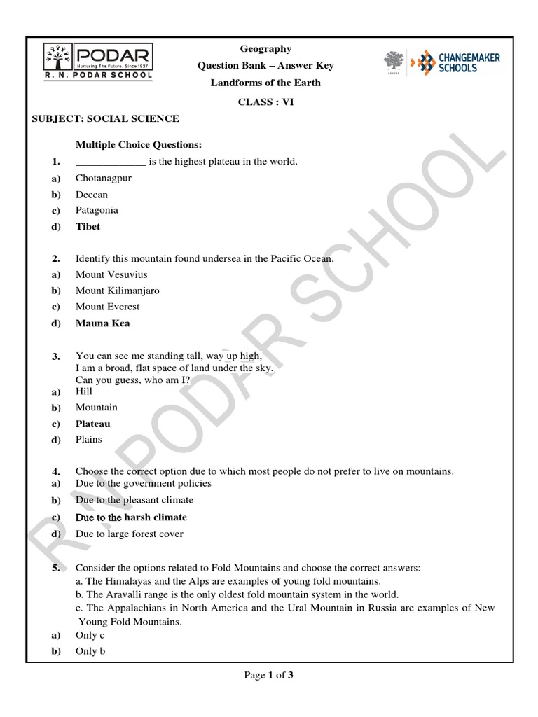 Grade 6 - Geography - Landforms of The Earth - Question Bank Answer Key ...