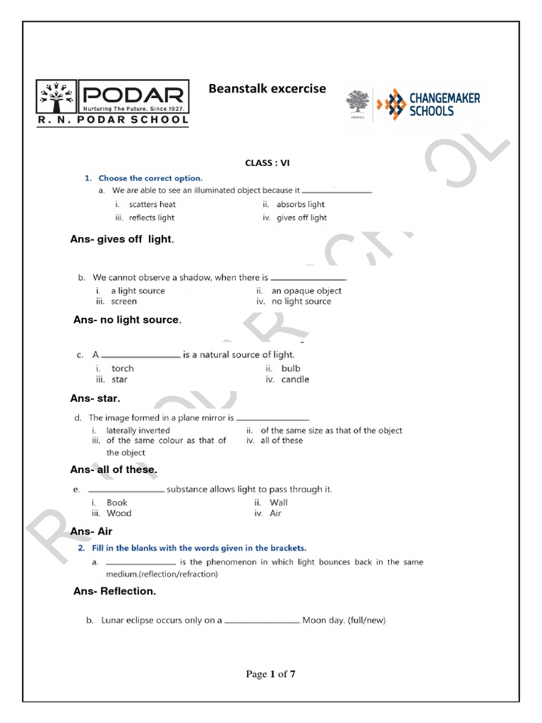 Grade -6 Light - Beanstalk answers | PDF | Shadow | Mirror