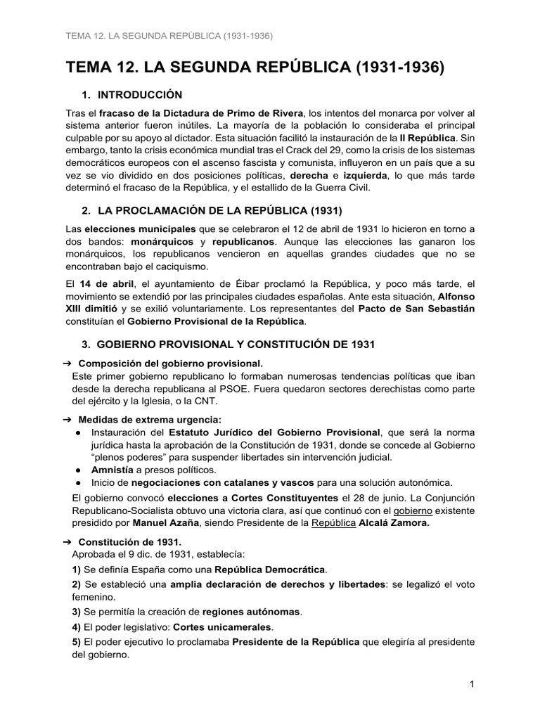 TEMA 12 REDACTADO. LA II REPÚBLICA | PDF | guerra civil Española | Gobierno