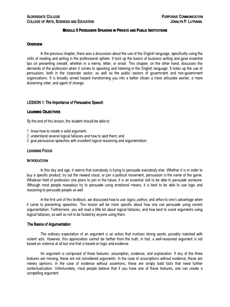 Module 5 Persuasive Speech in Private and Public Institution | PDF ...
