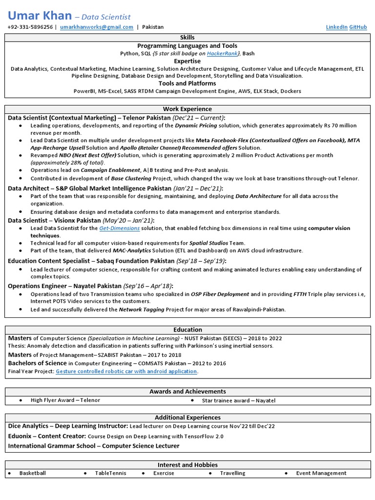 Umar Khan CV - 2023june | PDF | Data | Amazon Web Services